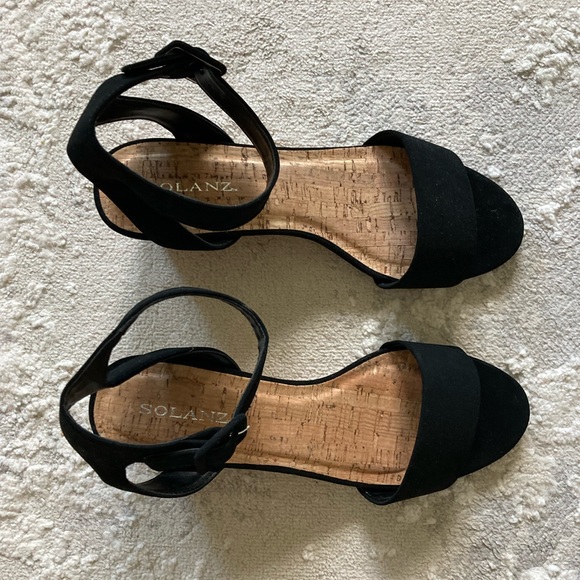 Solanz | Shoes | Solanz Black Cork Wedge Ankle Strap Sandals | Poshmark